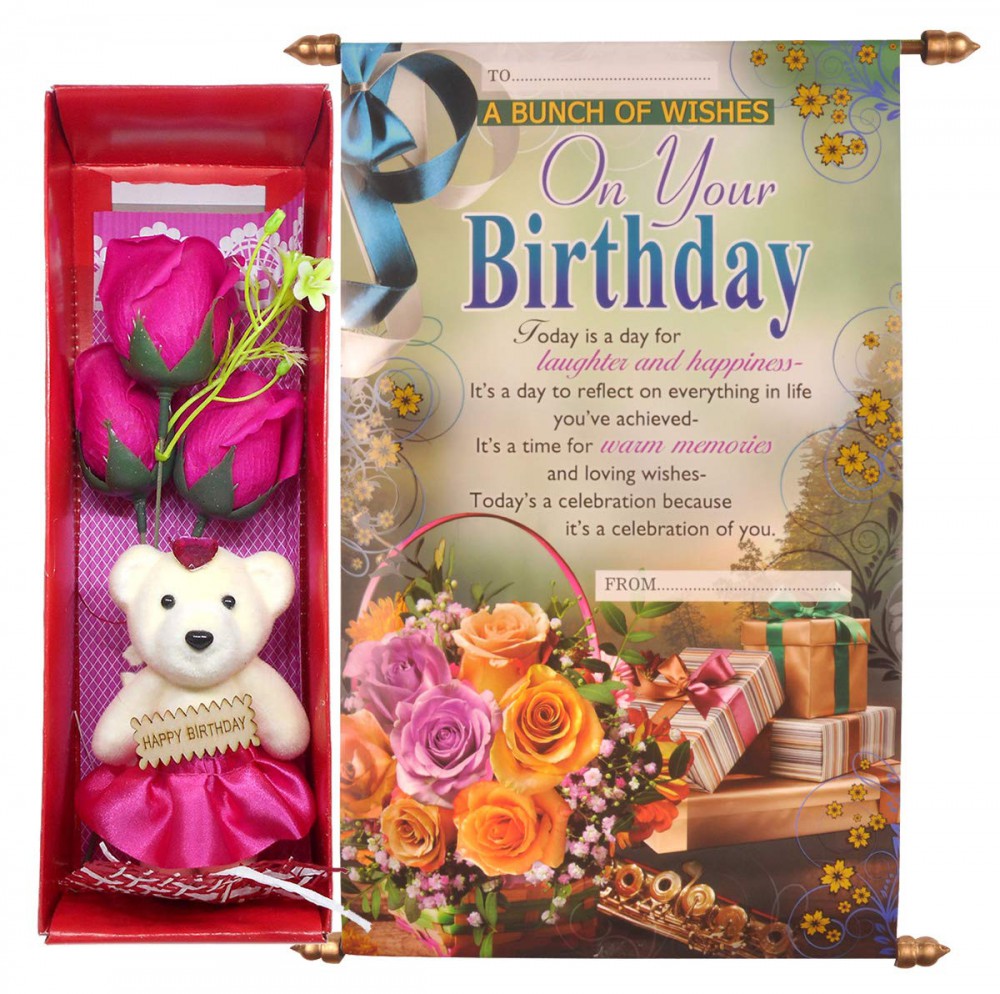 Birthday Gift Combo - Birthday Scroll Card & Gift Box With Flowers & Teddy
