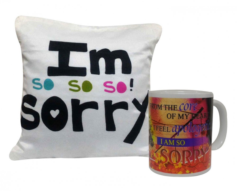 Sorry Gift Combo - Sorry Quote Coffee Mug & Cushion Filler + Cover