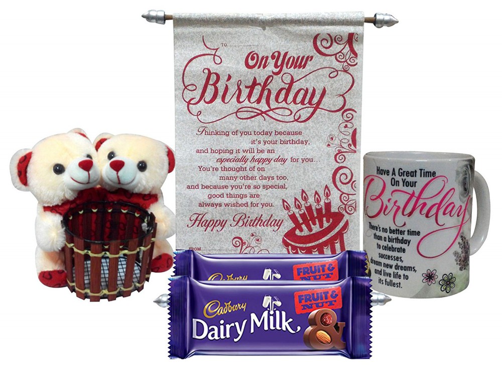 Birthday Combo Gift - Couple Pen Stand Teddy With Birthday Scroll Card ...