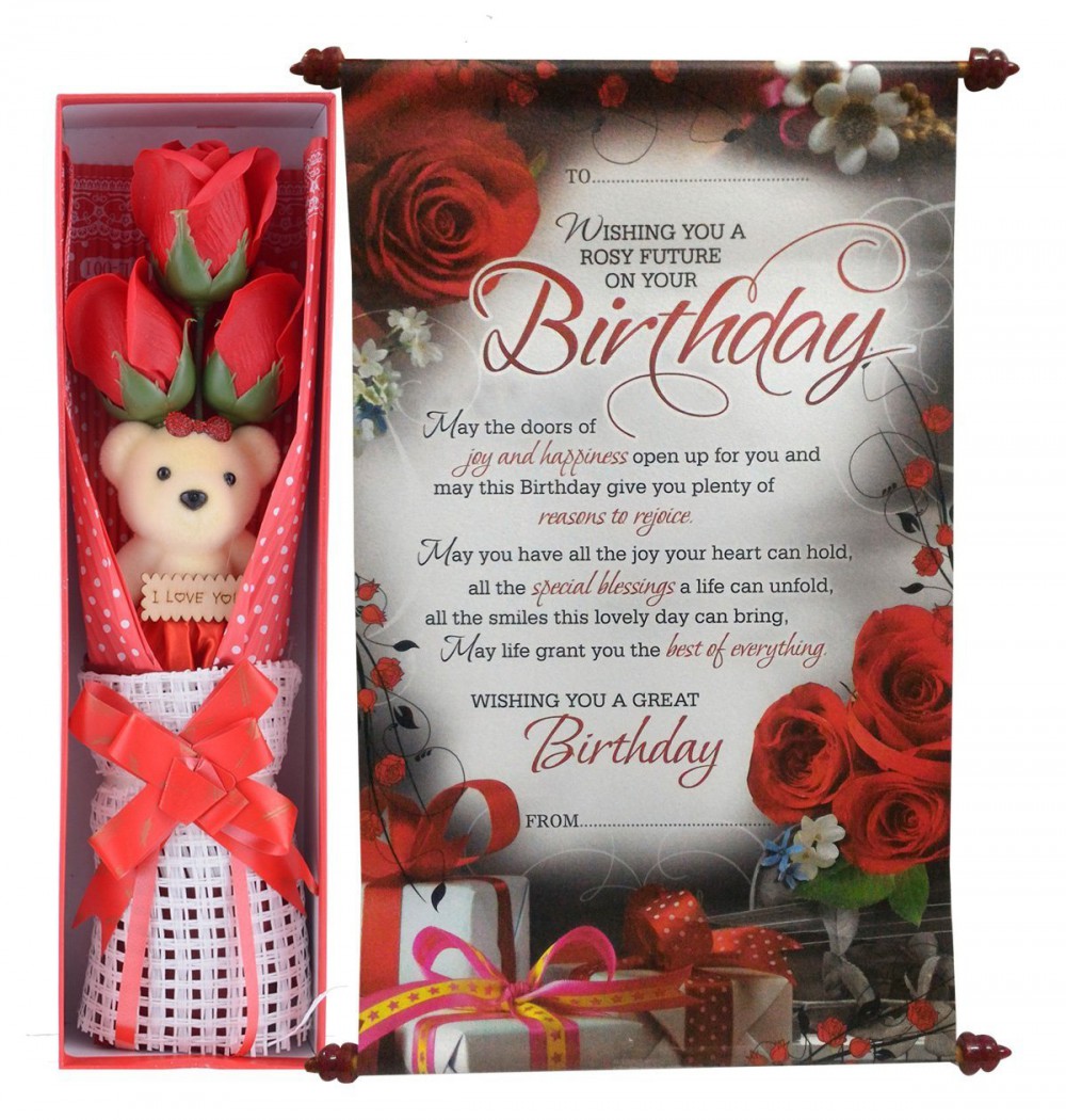 Birthday Gift Combo - Birthday Scroll Card & Gift Box With Flowers & Teddy